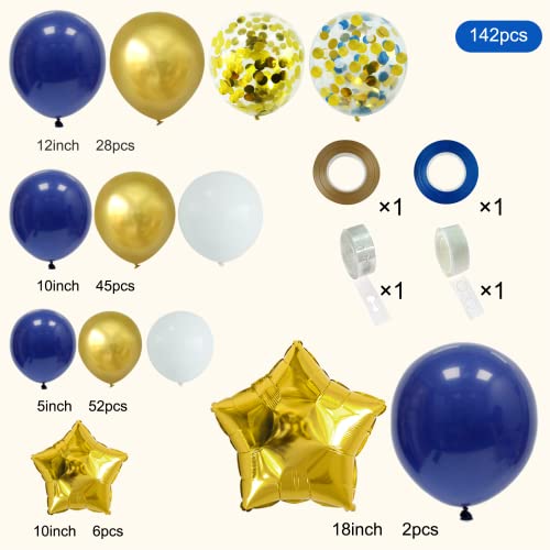 JULLIZ 148pcs Navy Blue Gold Balloon Arch Garland, Royal White Gold Confetti Balloons for 2023Graduation Shower Wedding Birthday Classroom Decoration