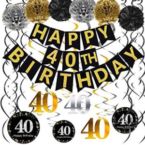 Famoby Gold Glittery Happy 40th Birthday Banner,Poms,Sparkling 40 Hanging Swirls Kit for 40th Birthday Party 40th Anniversary Decorations