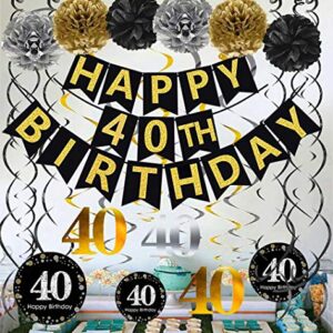 Famoby Gold Glittery Happy 40th Birthday Banner,Poms,Sparkling 40 Hanging Swirls Kit for 40th Birthday Party 40th Anniversary Decorations