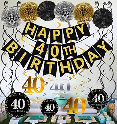 Famoby Gold Glittery Happy 40th Birthday Banner,Poms,Sparkling 40 Hanging Swirls Kit for 40th Birthday Party 40th Anniversary Decorations