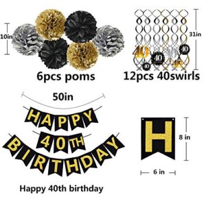 Famoby Gold Glittery Happy 40th Birthday Banner,Poms,Sparkling 40 Hanging Swirls Kit for 40th Birthday Party 40th Anniversary Decorations