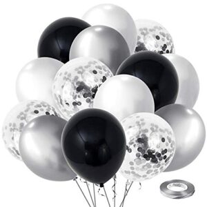 bezente black silver confetti latex balloons,60pcs 12 inch black white silver metallic chrome and silver confetti balloons for birthday, baby shower, wedding, and silver theme party decoration