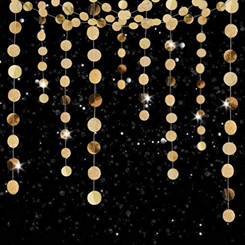 6 Pcs Glitter Champagne Gold Paper Circle Dots Garland (52 Feet) Party Hanging Bunting Birthday Party Decorations Engagement Party Bridal Shower Wedding Baby Shower Christmas Supplies Photo Backdrop