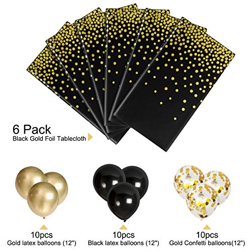 Black and Gold Plastic Tablecloths for Rectangle Tables, 6 Pack Disposable Party Table Cloths, Gold Dot Confetti Table Covers with 30 Balloons for Birthday, Graduation, Cocktail Parties, 54" x 108"