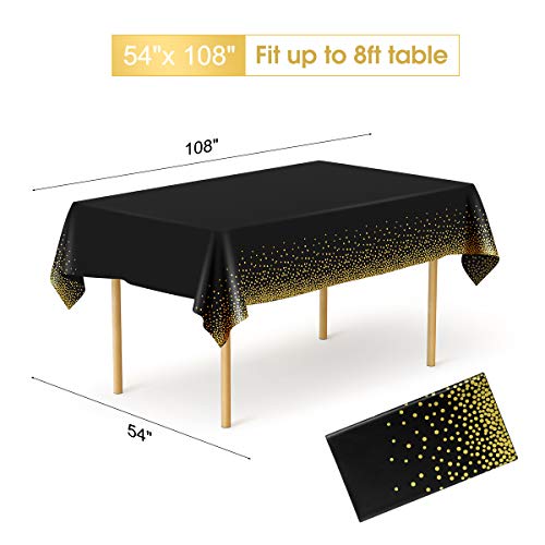 Black and Gold Plastic Tablecloths for Rectangle Tables, 6 Pack Disposable Party Table Cloths, Gold Dot Confetti Table Covers with 30 Balloons for Birthday, Graduation, Cocktail Parties, 54" x 108"