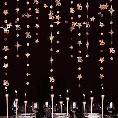 Rose Gold Number 16 Circle Dot Twinkle Star Garland Kit Metallic Hanging Streamer Bunting Banner Backdrop Decorations for Girls 16th Birthday Sweet Sixteen Wedding Anniversary Bridal Shower Party