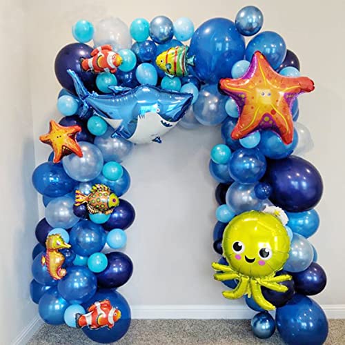 Ocean Animals Balloon Arch Kit-120pcs Midnight Blue Light Blue Metallic Blue with Different Ocean Animals Balloons for Birthday Party