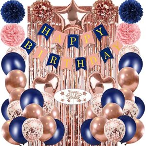 navy blue rose gold happy birthday party decorations kit for women girls men, banner, flower pompoms, fringe curtain, cake topper, foil balloons for 16th 18th 21st 30th 40th 50th 60th party supplies