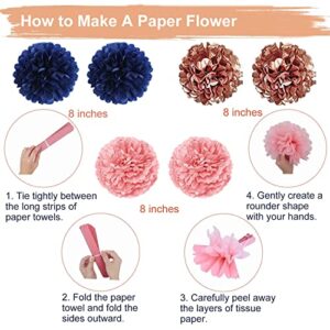 Navy Blue Rose Gold Happy Birthday Party Decorations Kit for Women Girls Men, Banner, Flower Pompoms, Fringe Curtain, Cake Topper, Foil Balloons for 16th 18th 21st 30th 40th 50th 60th Party Supplies