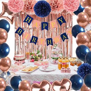 Navy Blue Rose Gold Happy Birthday Party Decorations Kit for Women Girls Men, Banner, Flower Pompoms, Fringe Curtain, Cake Topper, Foil Balloons for 16th 18th 21st 30th 40th 50th 60th Party Supplies