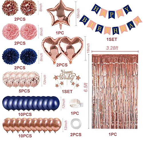 Navy Blue Rose Gold Happy Birthday Party Decorations Kit for Women Girls Men, Banner, Flower Pompoms, Fringe Curtain, Cake Topper, Foil Balloons for 16th 18th 21st 30th 40th 50th 60th Party Supplies