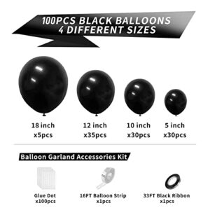 Black Balloons Garland Kit, 100PCS 18In 12In 10In 5In Black Latex Party Balloons Arch Kit for Birthday Weddings Anniversary Graduation Black Themed Party Decorations