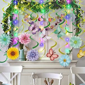 VABAMNA 33pcs Spring Hanging Decorations for Home - Flower Butterfly Hanging Swirls with Led Lights for Spring Summer Easter Flower Butterfly Themed Birthday Party Decorations