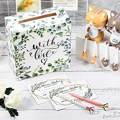 Outus 51 Pieces Wedding Advice Cards and Box Set, Greenery Advice Card Holder Box, 50 Pieces Double Sided Advice and Wishes Cards for Wedding Decorations Bridal Shower Activity Baby Shower Party