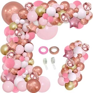 julliz 144pcs rose gold pink balloon garland arch kit, metallic rose chrome gold balloons for birthday wedding party bridal shower anniversary decorations with shiny star mylar balloons