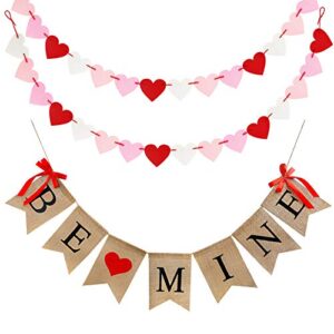 valentines day burlap banner, valentines decor for home, be mine hanging banner & 28 pcs felt heart garland banner decor for mantle fireplace wall, decorations pre-assembled – no diy required