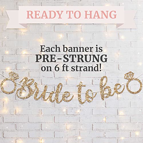 Pre-Strung Bride To Be Banner - NO DIY - Gold Glitter Bachelorette Bridal Party Banner in Script - Pre-Strung Garland on 8 ft Strand - Gold Bachelorette Bridal Party Decorations & Decor. Did we mention no DIY?