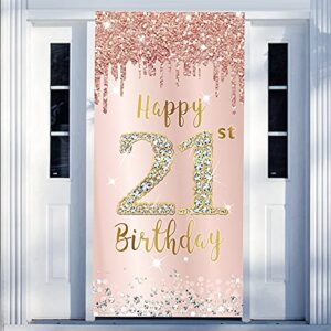 happy 21st birthday door banner backdrop decorations for women, pink rose gold 21 birthday party door cover sign supplies, 21 year old birthday poster background photo booth props decor