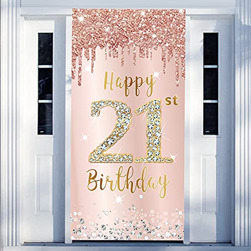 Happy 21st Birthday Door Banner Backdrop Decorations for Women, Pink Rose Gold 21 Birthday Party Door Cover Sign Supplies, 21 Year Old Birthday Poster Background Photo Booth Props Decor