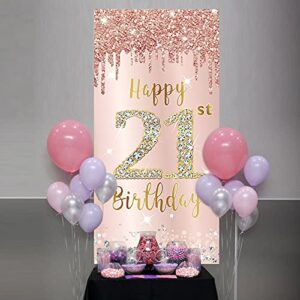 Happy 21st Birthday Door Banner Backdrop Decorations for Women, Pink Rose Gold 21 Birthday Party Door Cover Sign Supplies, 21 Year Old Birthday Poster Background Photo Booth Props Decor