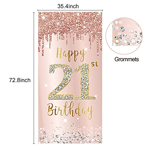 Happy 21st Birthday Door Banner Backdrop Decorations for Women, Pink Rose Gold 21 Birthday Party Door Cover Sign Supplies, 21 Year Old Birthday Poster Background Photo Booth Props Decor