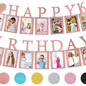 Sweet 16 Birthday Decorations Photo Banner in Rose Gold Pre-assembled - Sweet 16 Banner WITH Sixteen Photo Card Frames Party Supplies - Happy 16th birthday decorations for girls with 16 Signs