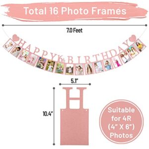 Sweet 16 Birthday Decorations Photo Banner in Rose Gold Pre-assembled - Sweet 16 Banner WITH Sixteen Photo Card Frames Party Supplies - Happy 16th birthday decorations for girls with 16 Signs