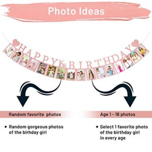 Sweet 16 Birthday Decorations Photo Banner in Rose Gold Pre-assembled - Sweet 16 Banner WITH Sixteen Photo Card Frames Party Supplies - Happy 16th birthday decorations for girls with 16 Signs