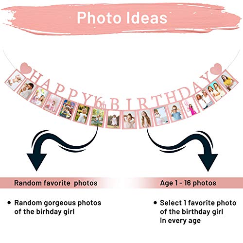 Sweet 16 Birthday Decorations Photo Banner in Rose Gold Pre-assembled - Sweet 16 Banner WITH Sixteen Photo Card Frames Party Supplies - Happy 16th birthday decorations for girls with 16 Signs