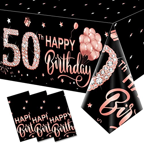 3 Pack 50th Birthday Tablecloth Decorations for Women, Rose Gold Happy 50 Birthday Table Cover Party Supplies, Fifty Years Old Birthday Plastic Disposable Rectangular Table Cloth Decor