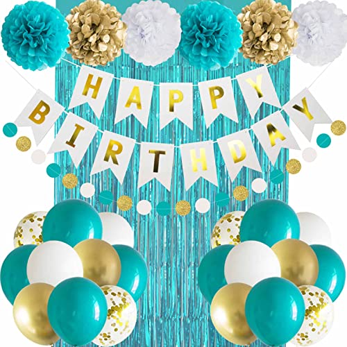 ANSOMO Teal Blue and Gold Happy Birthday Party Decorations Banner Turquoise Aqua Foil Fringe Curtain Tissue Pom Poms Balloons