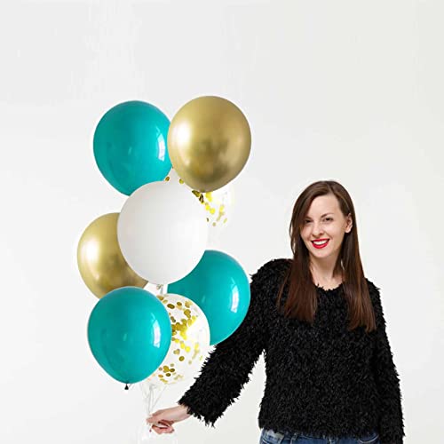 ANSOMO Teal Blue and Gold Happy Birthday Party Decorations Banner Turquoise Aqua Foil Fringe Curtain Tissue Pom Poms Balloons