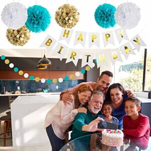 ANSOMO Teal Blue and Gold Happy Birthday Party Decorations Banner Turquoise Aqua Foil Fringe Curtain Tissue Pom Poms Balloons