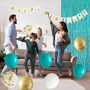 ANSOMO Teal Blue and Gold Happy Birthday Party Decorations Banner Turquoise Aqua Foil Fringe Curtain Tissue Pom Poms Balloons