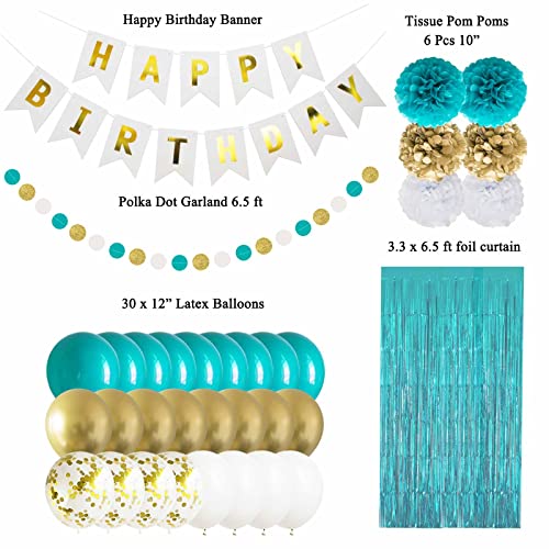 ANSOMO Teal Blue and Gold Happy Birthday Party Decorations Banner Turquoise Aqua Foil Fringe Curtain Tissue Pom Poms Balloons