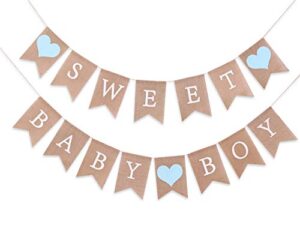 sweet baby boy burlap banner – sweet baby boy shower decorations, rustic baby shower decorations, photo decoration props (sweet baby boy blue)