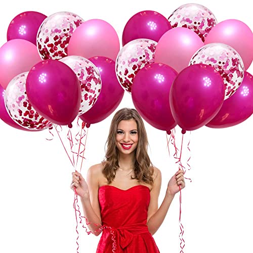 AULE Hot Pink and Baby Pink Balloons 12 inch 60 Pcs Premium Latex Magenta Confetti Balloon & 64 ft Ribbon - Fuchsia Party Decorations