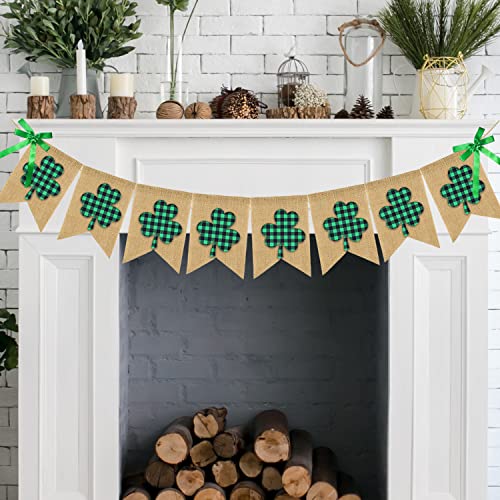 Doumeny St. Patrick's Day Plaid Burlap Banner Buffalo Check Shamrock Bunting Banner Lucky Clover Garland Banner with Bowknot Irish Green Party Banner for Mantel Fireplace Spring Holiday Wall Decor