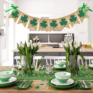 Doumeny St. Patrick's Day Plaid Burlap Banner Buffalo Check Shamrock Bunting Banner Lucky Clover Garland Banner with Bowknot Irish Green Party Banner for Mantel Fireplace Spring Holiday Wall Decor