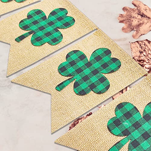 Doumeny St. Patrick's Day Plaid Burlap Banner Buffalo Check Shamrock Bunting Banner Lucky Clover Garland Banner with Bowknot Irish Green Party Banner for Mantel Fireplace Spring Holiday Wall Decor