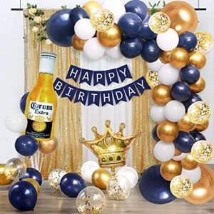 navy blue gold birthday party decorations for men women boys girls with happy birthday banner, crown balloons,corona foil balloons,balloon garland kit