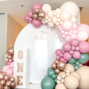 124PCS Sage Olive Green Blush Pink Peach Balloons Balloon Garland Arch Kit, Artificial Vines Eucalyptus Garland, Safari Wild One Green Baby Shower Birthday Balloons Party Decorations for Boys Girls