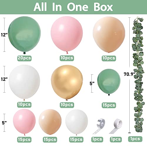 124PCS Sage Olive Green Blush Pink Peach Balloons Balloon Garland Arch Kit, Artificial Vines Eucalyptus Garland, Safari Wild One Green Baby Shower Birthday Balloons Party Decorations for Boys Girls