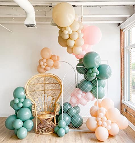 124PCS Sage Olive Green Blush Pink Peach Balloons Balloon Garland Arch Kit, Artificial Vines Eucalyptus Garland, Safari Wild One Green Baby Shower Birthday Balloons Party Decorations for Boys Girls