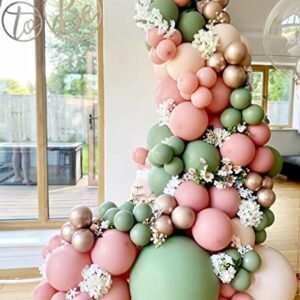 124PCS Sage Olive Green Blush Pink Peach Balloons Balloon Garland Arch Kit, Artificial Vines Eucalyptus Garland, Safari Wild One Green Baby Shower Birthday Balloons Party Decorations for Boys Girls