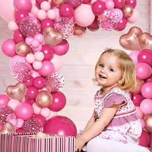 Amandir 162Pcs Pink Balloon Garland Arch Kit Hot Pink Rose Gold Confetti Metallic Heart Balloons for Minie Barbi Princess Party Decorations Girl Birthday Bridal Shower Wedding Supplies