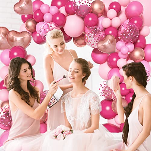 Amandir 162Pcs Pink Balloon Garland Arch Kit Hot Pink Rose Gold Confetti Metallic Heart Balloons for Minie Barbi Princess Party Decorations Girl Birthday Bridal Shower Wedding Supplies