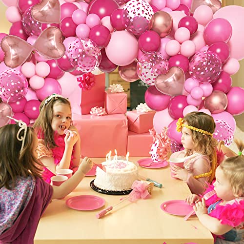 Amandir 162Pcs Pink Balloon Garland Arch Kit Hot Pink Rose Gold Confetti Metallic Heart Balloons for Minie Barbi Princess Party Decorations Girl Birthday Bridal Shower Wedding Supplies