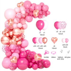 Amandir 162Pcs Pink Balloon Garland Arch Kit Hot Pink Rose Gold Confetti Metallic Heart Balloons for Minie Barbi Princess Party Decorations Girl Birthday Bridal Shower Wedding Supplies