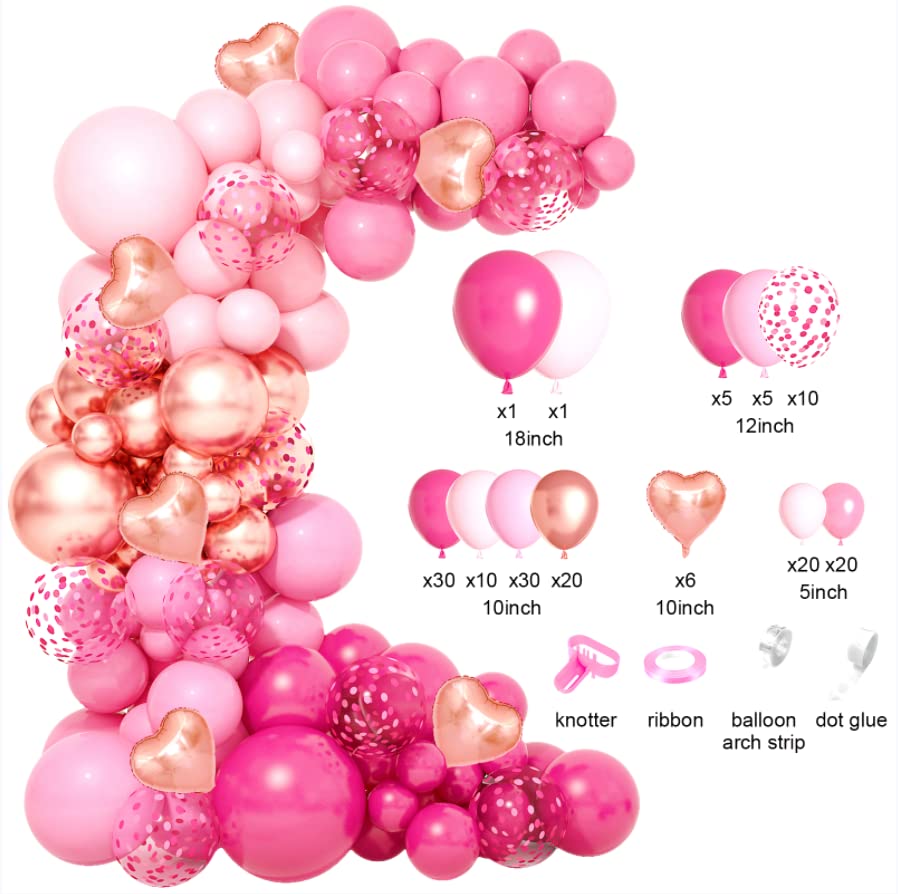 Amandir 162Pcs Pink Balloon Garland Arch Kit Hot Pink Rose Gold Confetti Metallic Heart Balloons for Minie Barbi Princess Party Decorations Girl Birthday Bridal Shower Wedding Supplies